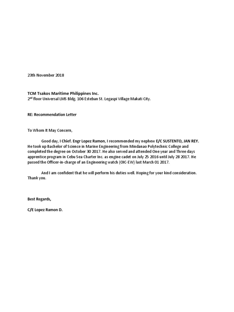 TCM Tsakos Maritime Philippines Inc.: RE: Recommendation Letter | PDF