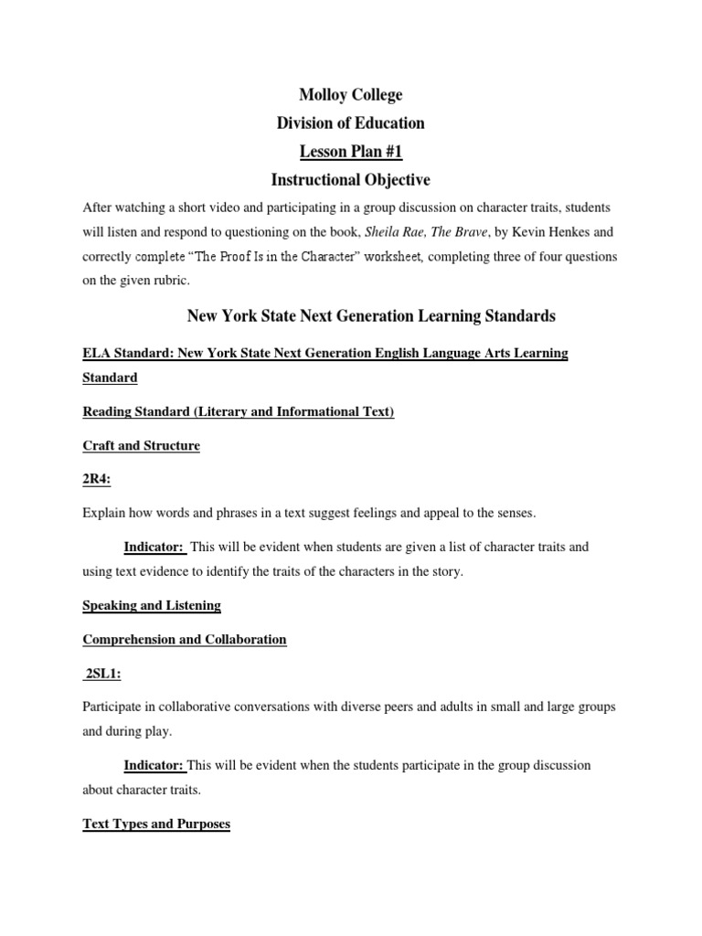 Character Traits Lesson Plan for ELA | PDF | Homework | Reading ...