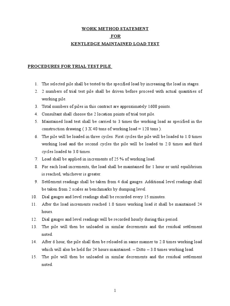 Work Method Statement FOR Kentledge Maintained Load Test | PDF | Deep ...