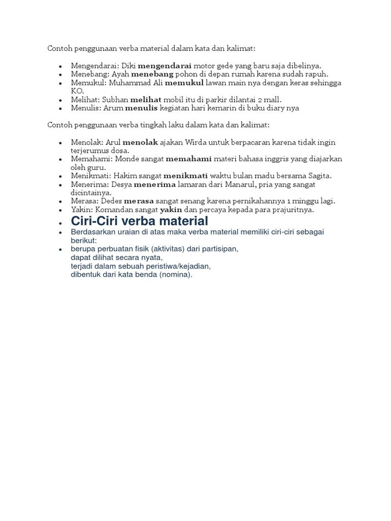 Contoh Penggunaan Verba Material Dalam Kata Dan Kalimat | PDF
