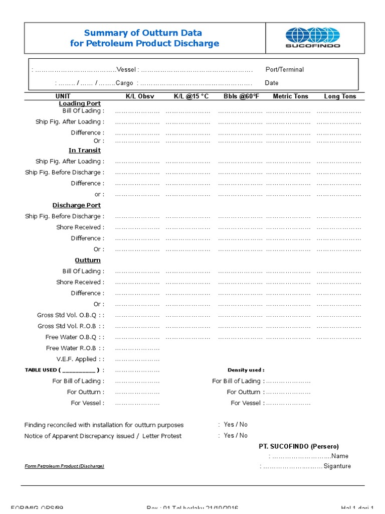 Summary of Outturn Data For Petroleum Product Discharge | PDF | Ships ...