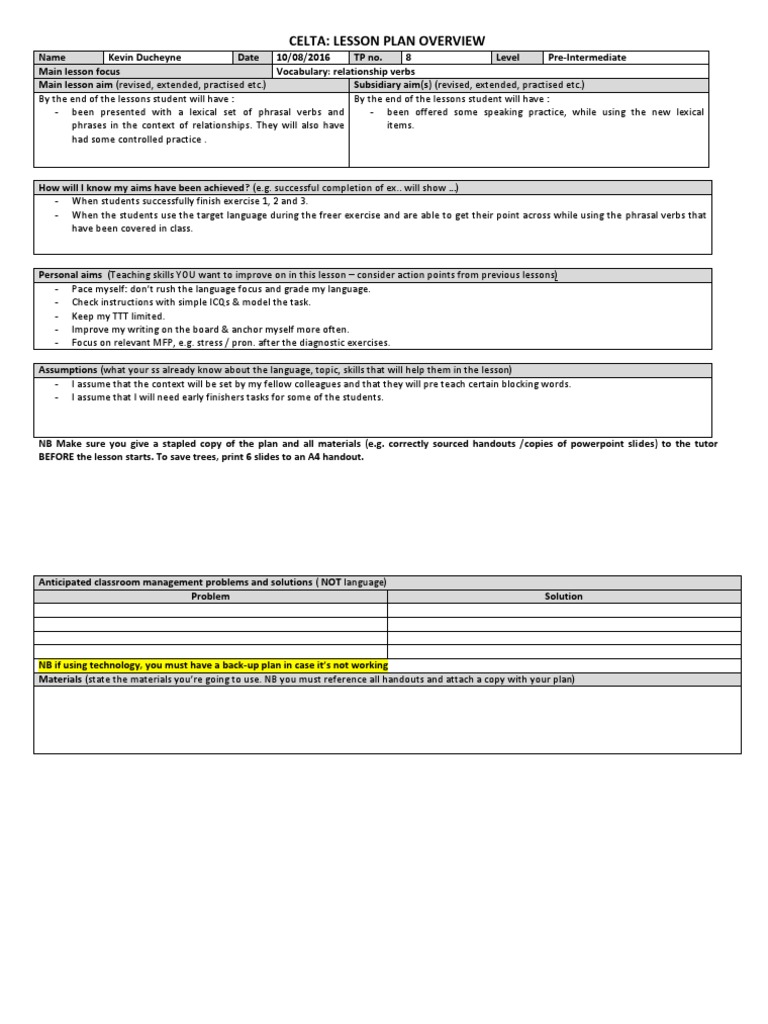 Celta: Lesson Plan Overview