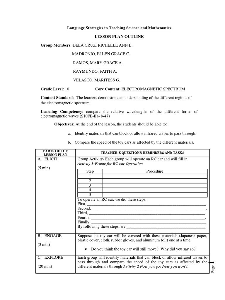 Activity 1-Frame For RC Car Operation: Parts of The Lesson Plan Teacher ...