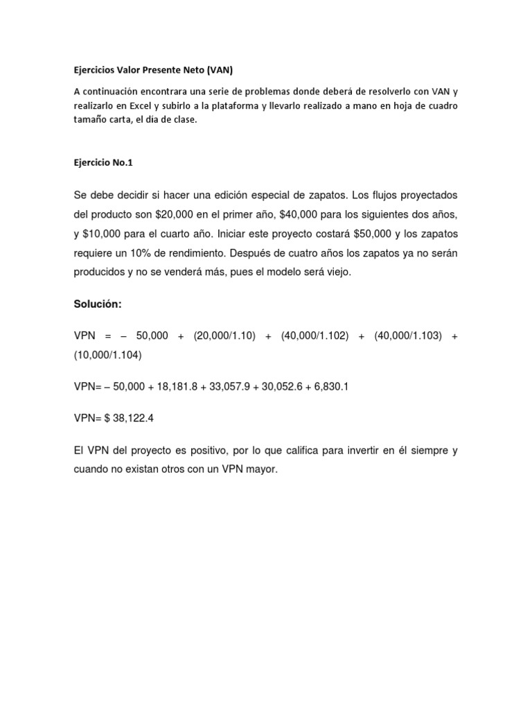 Ejercicios Valor Presente Neto.docx | Valor presente neto | Dinero