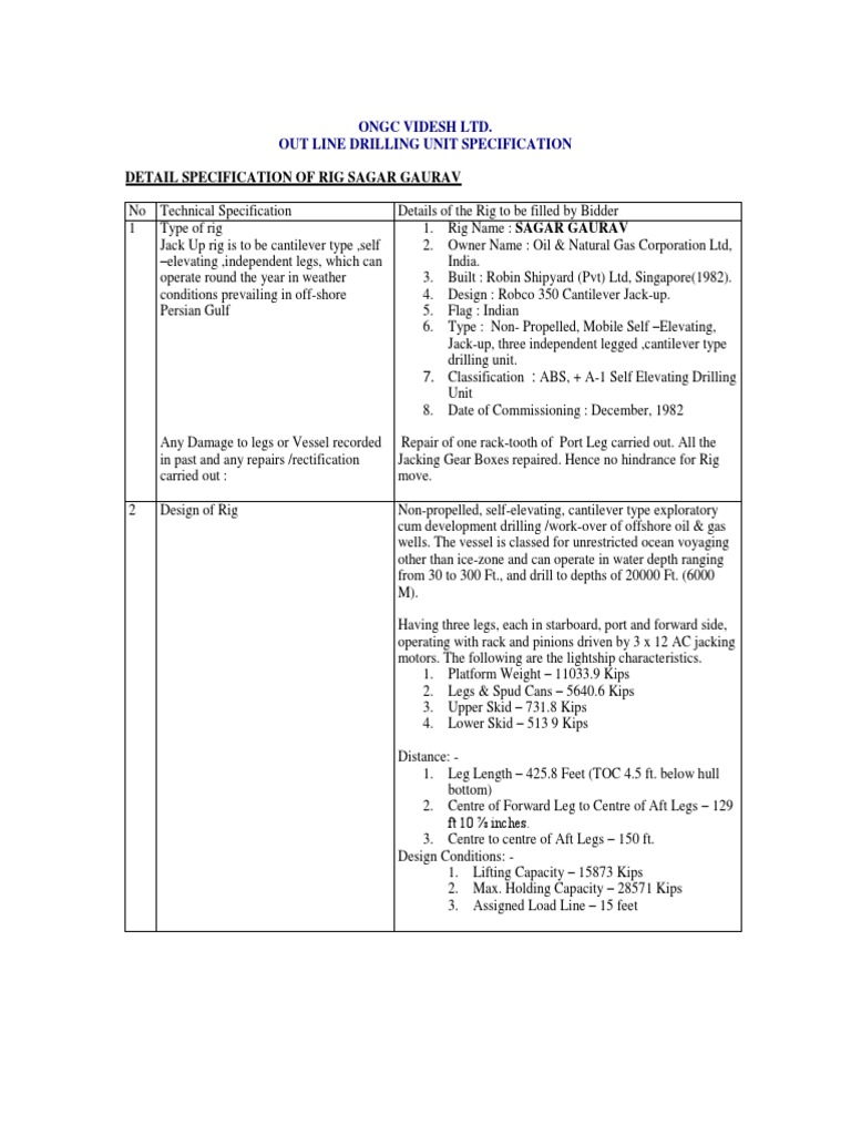 Detail Specification of Rig Sagar Gaurav: Ongc Videsh Ltd. Out Line ...