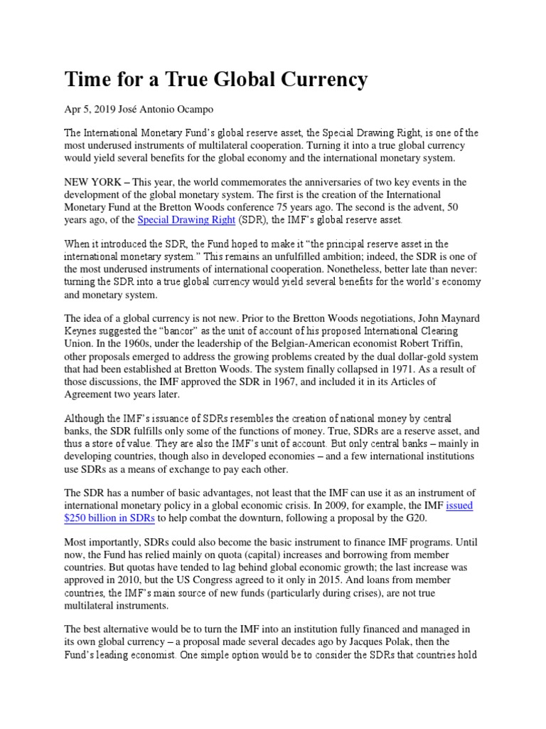 Time For A True Global Currency: Special Drawing Right | PDF | Special ...