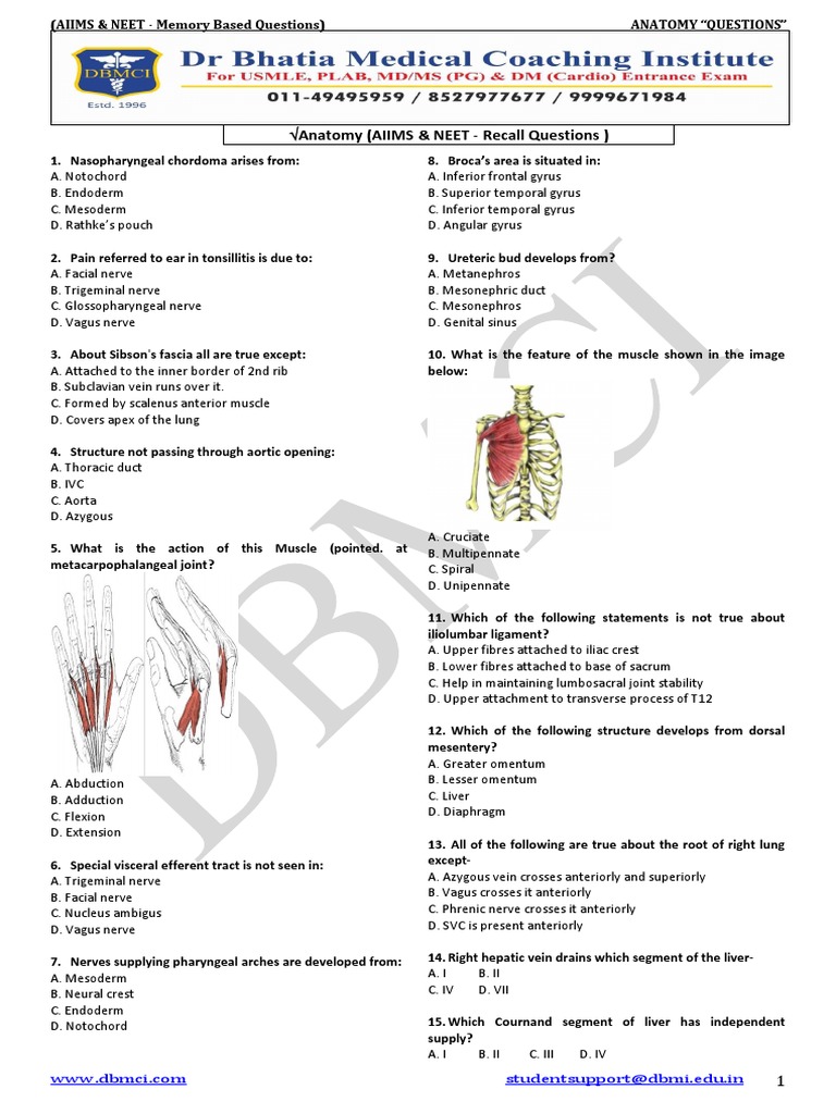 Anatomy (AIIMS & NEET - Recall Questions) Anesthesia T&D ...