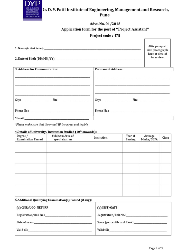 Application Form Project Asst | PDF