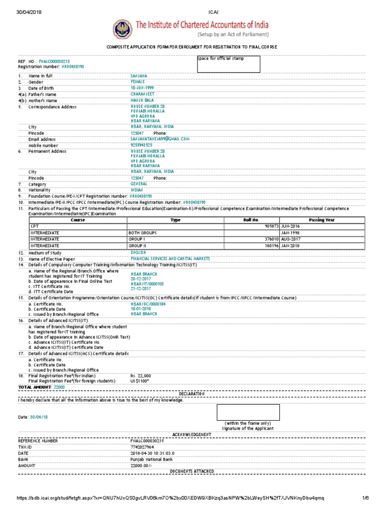 Sanjana CA Final Registration PDF | PDF | Business