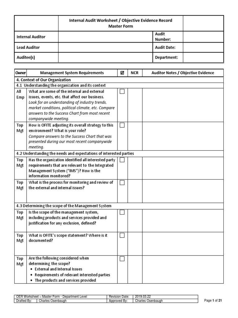 IMS Audit Objective Evidence Worksheet | PDF | Quality Management ...