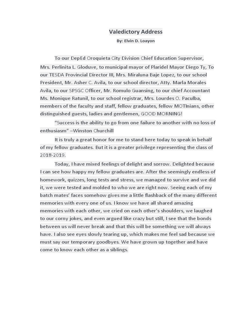 Valedictory Address: By: Elvin D. Loayon | PDF
