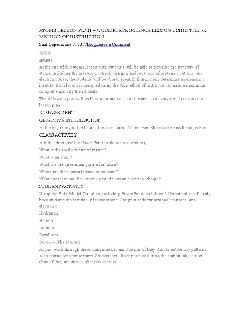 Atoms Lesson Plan - A Complete Science Lesson Using The 5E Method of ...