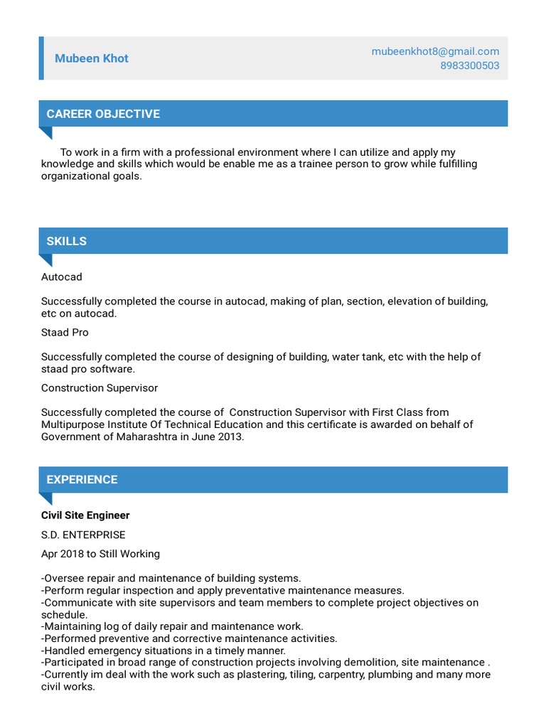 Mubeen Khot Resume Format7 | PDF | Engineering