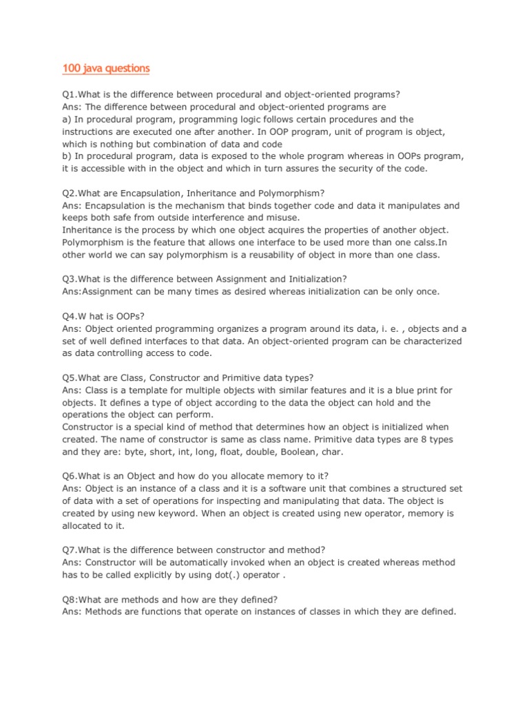 100 Java Interview Q Pdf Class Computer Programming Inheritance Object Oriented