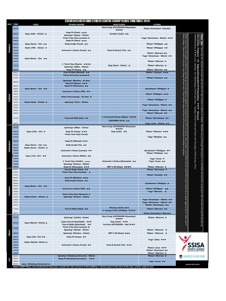 Sports Science Institute Group Class Timetable 2019 | PDF | Physical ...
