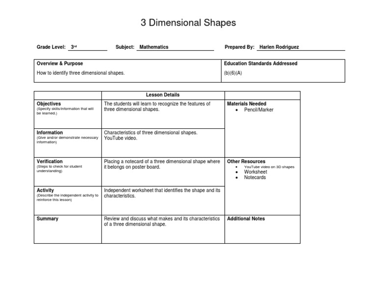 3 Dimensional Shapes: Grade Level: 3 Subject: Mathematics Prepared By ...