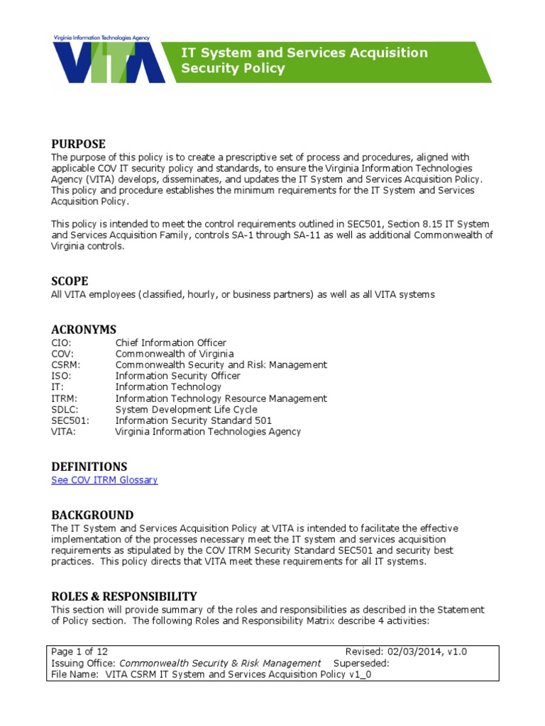 Purpose: IT System and Services Acquisition Security Policy | PDF ...