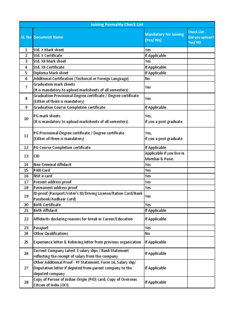 Check List For Joining Formalities | PDF | Document | Official Documents