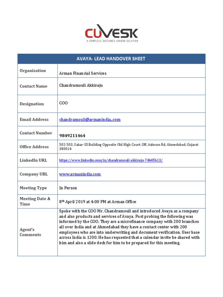 Avaya-Lead Handover Sheet: Organization Contact Name | PDF