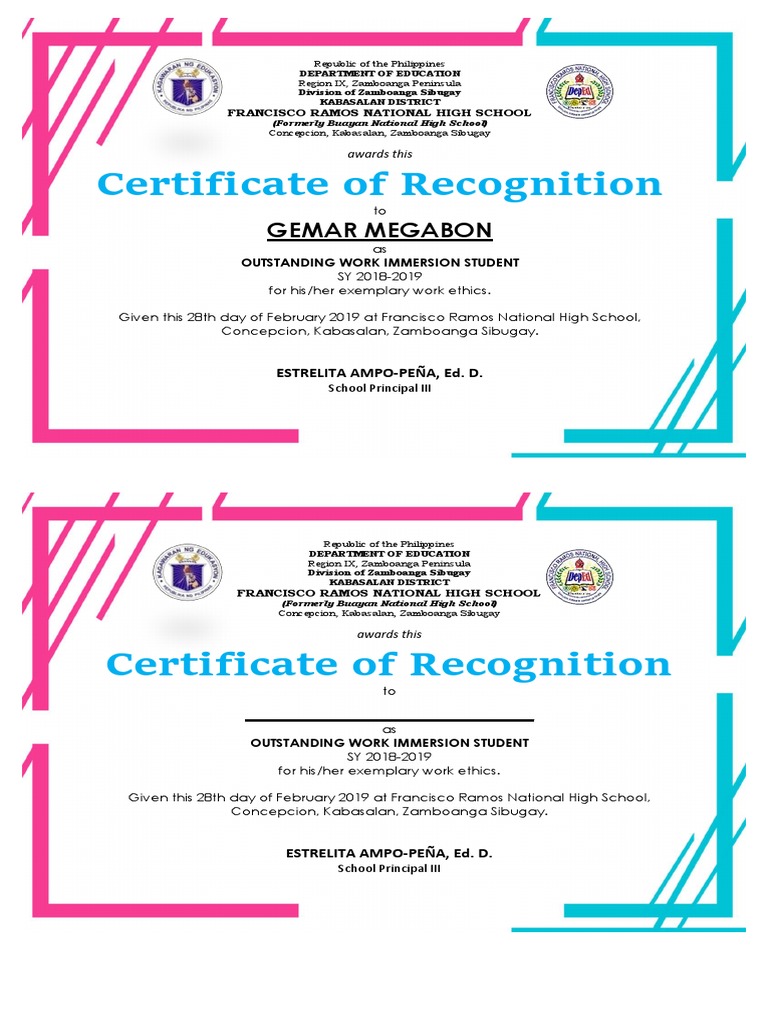 OUTSTANDING WORK IMMERSION STUDENT Certificate | PDF | Behavior ...