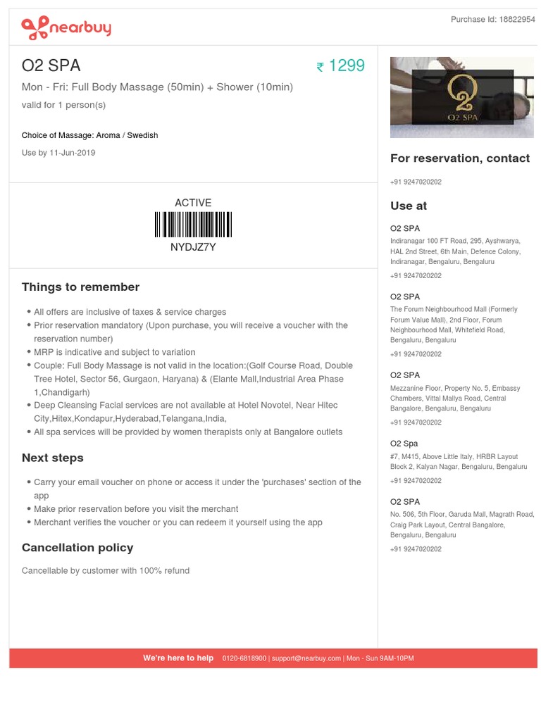 O2 Spa: For Reservation, Contact | PDF | Bangalore | Business