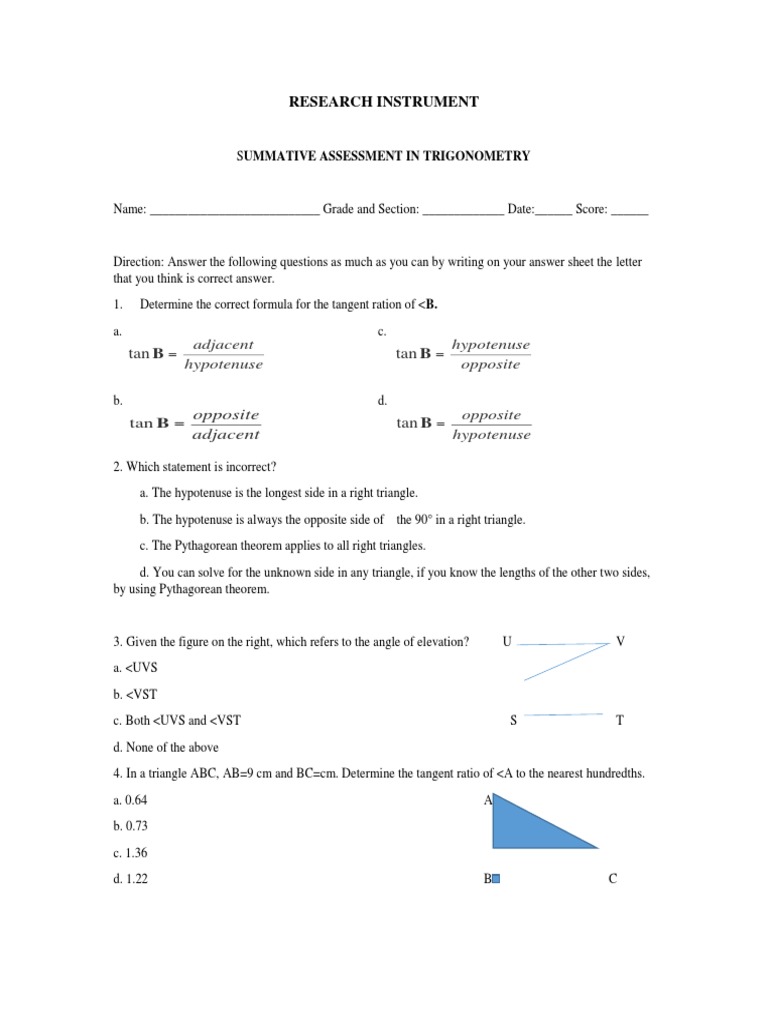 SUMMATIVE ASSESSMENT IN TRIGONOMETRY Questionnaire | PDF ...