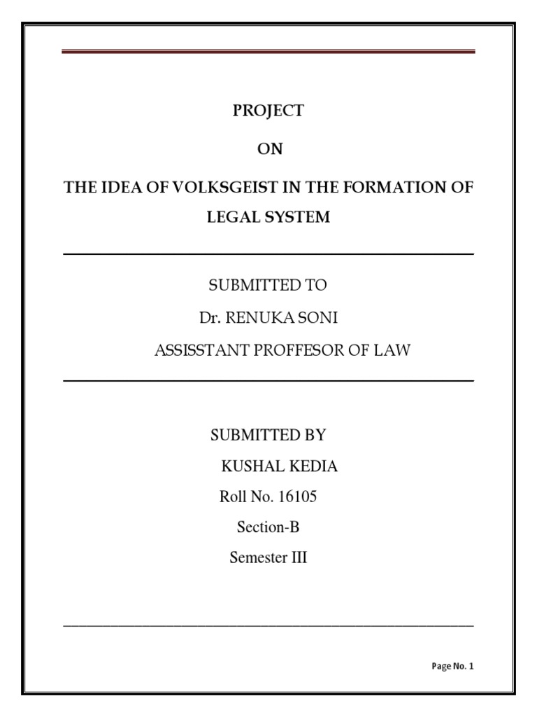 Project ON The Idea of Volksgeist in The Formation of Legal System ...