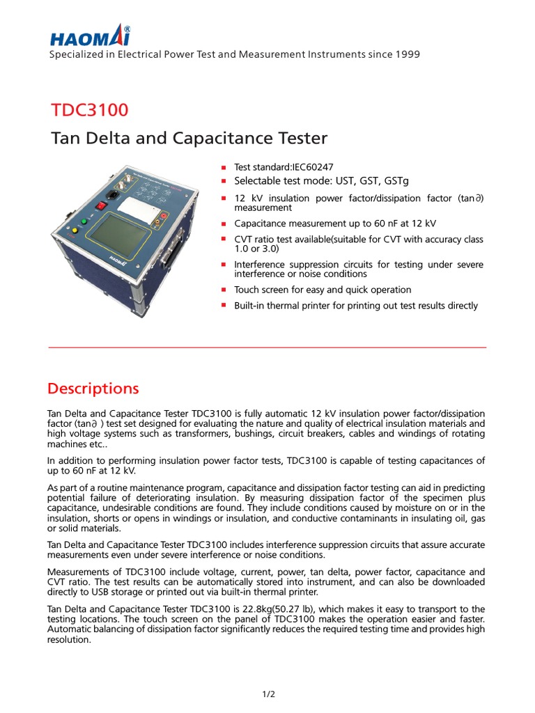 Datasheet For Tan Delta and Capacitance Tester TDC3100 B | PDF ...