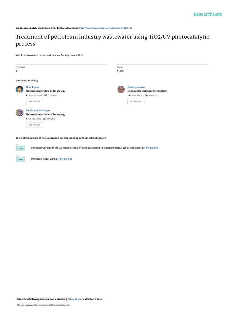 Treatment of Petroleum Industry Wastewater Using Tio2/Uv Photocatalytic ...