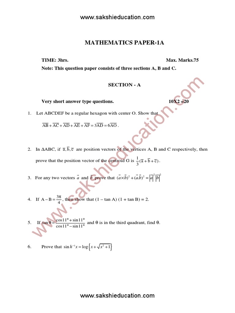 Mathematics Paper-1A: TIME: 3hrs. Max. Marks.75 | PDF | Sine ...