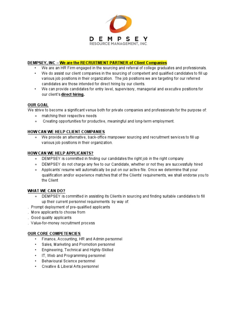DEMPSEY, INC - We Are The RECRUITMENT PARTNER of Client Companies | PDF ...