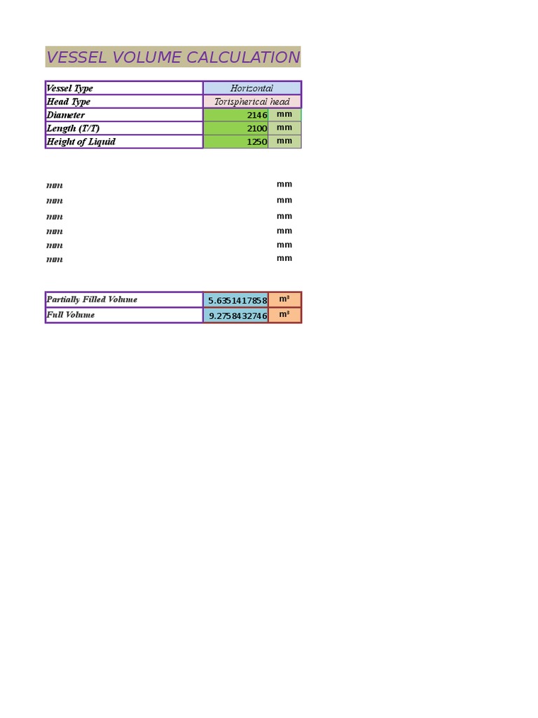Vessel Volume Calculation: Vessel Type Head Type Diameter Length (T/T ...
