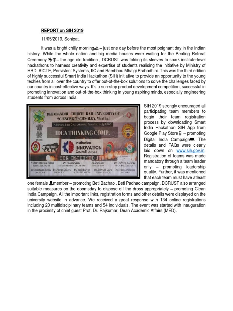 REPORT On SIH 2019: WWW - Sih.gov - in | PDF | Business