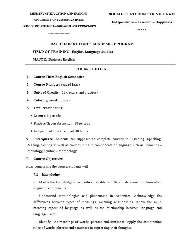 Course Outline - Semantics - Eng | PDF | Semantics | Phrase