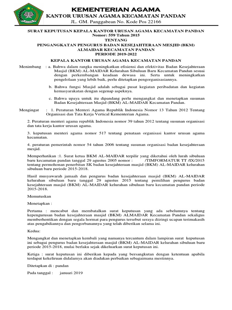 SK Pengangkatan Pengurus BKM 2019-2022 | PDF