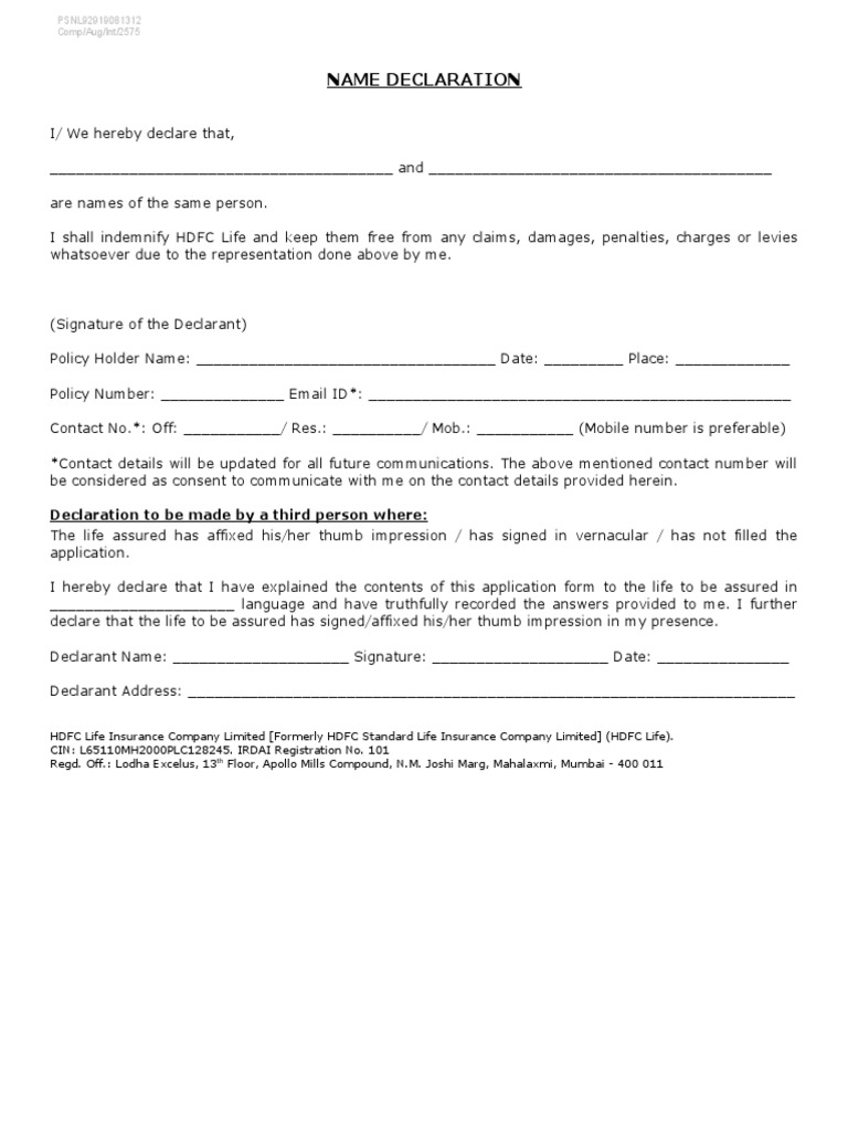 Name Declaration: Declaration To Be Made by A Third Person Where | PDF