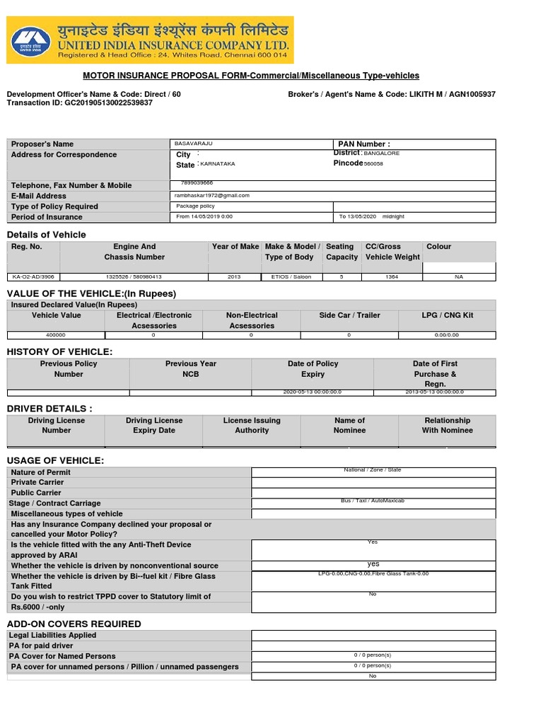 MOTOR INSURANCE PROPOSAL FORM-Commercial/Miscellaneous Type-Vehicles ...
