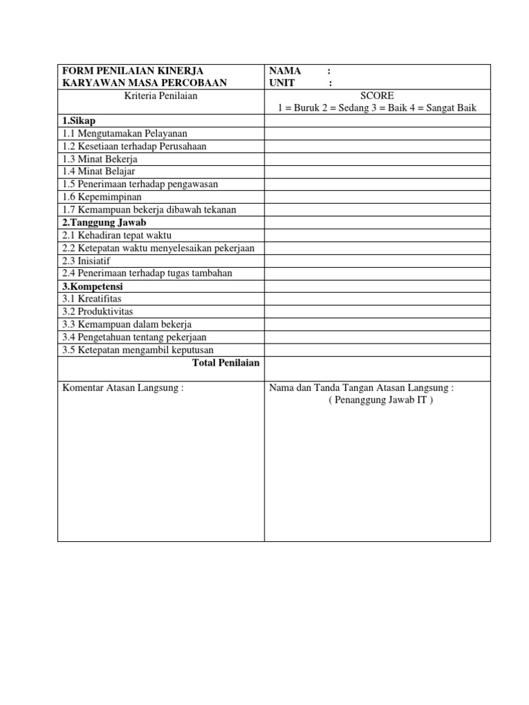 Form Penilaian Kinerja Karyawan Masa Percobaan It | PDF Form Penilaian Kinerja Karyawan Masa Percobaan It | PDF