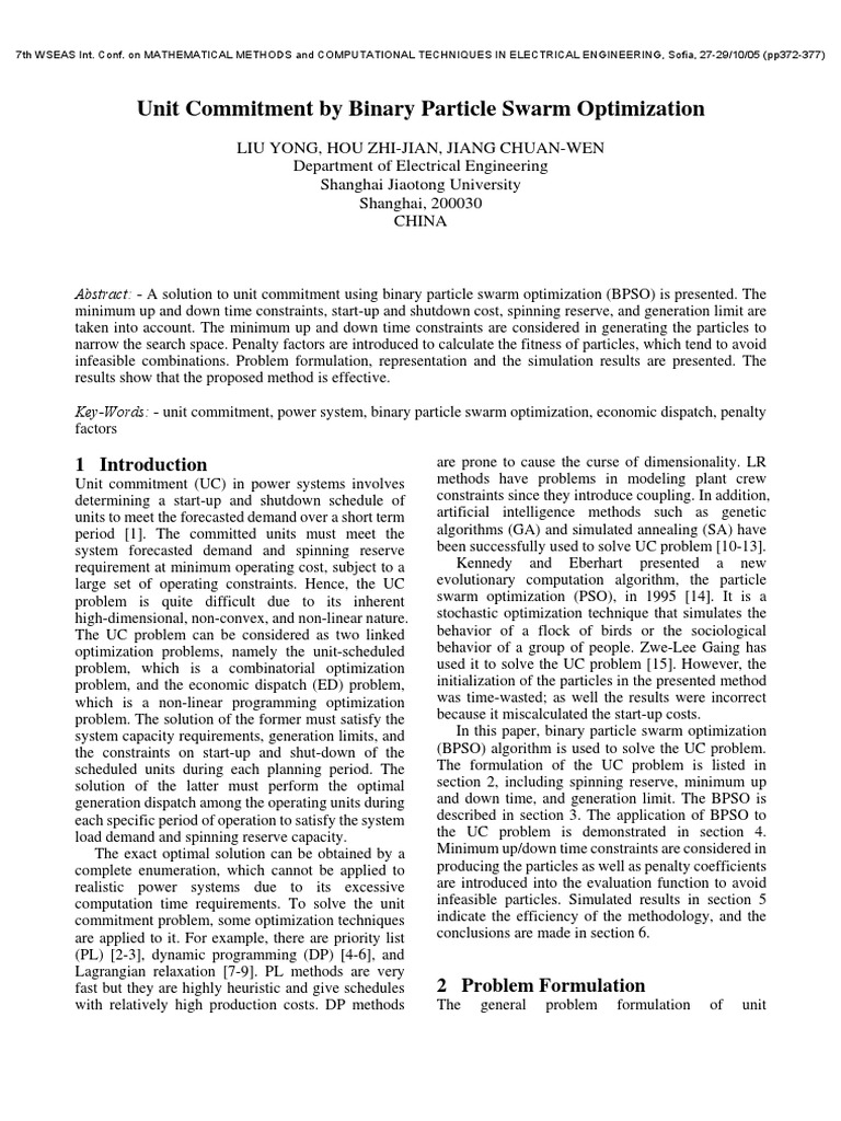 Unit Commitment by Binary Particle Swarm Optimization | PDF | Mathematical Optimization ...