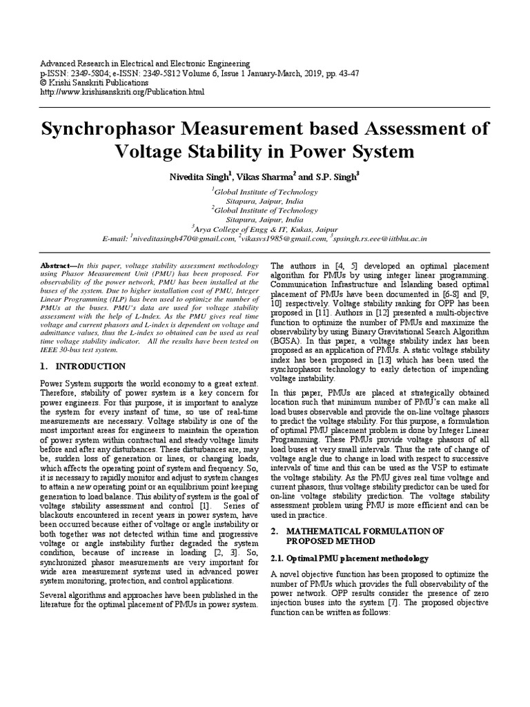 Synchrophasor Measurement Based Assessment of Voltage Stability in Power System | PDF | Physical ...