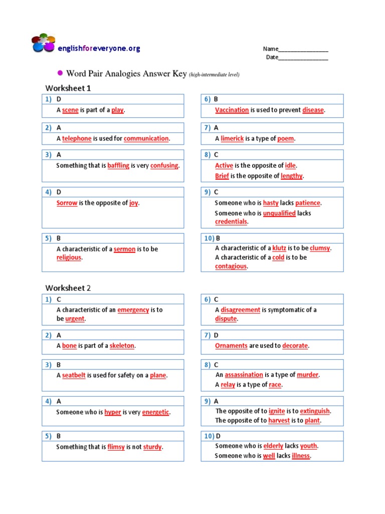 Word Pair Analogies Worksheet | PDF
