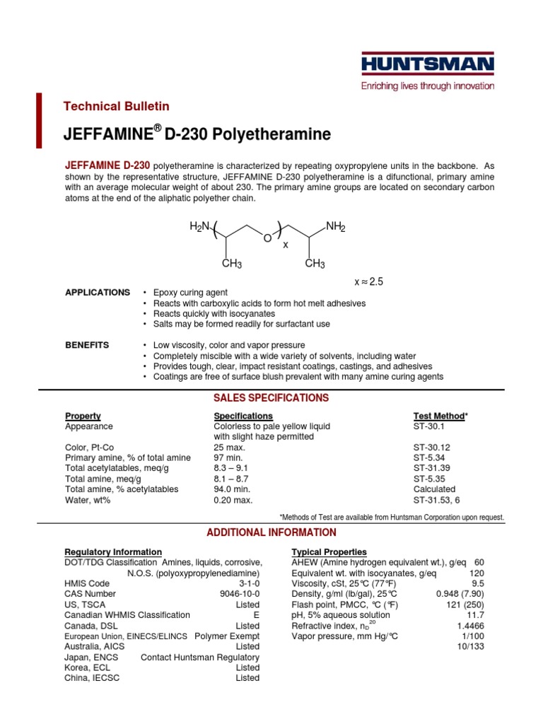 Jeffamine D 230 Polyoxypropylenediamine 7 11 PDF | PDF | Amine | Physical Sciences