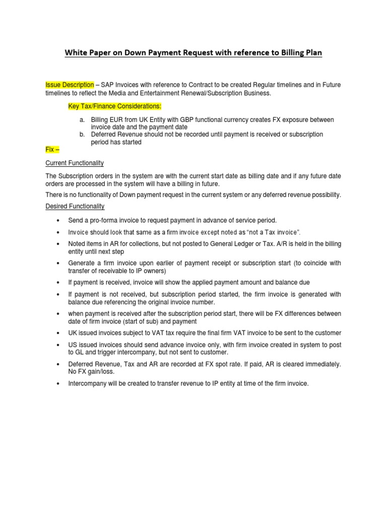 SAP - SD - Whitepaper-Down Payment Request With Billing Plan | PDF ...