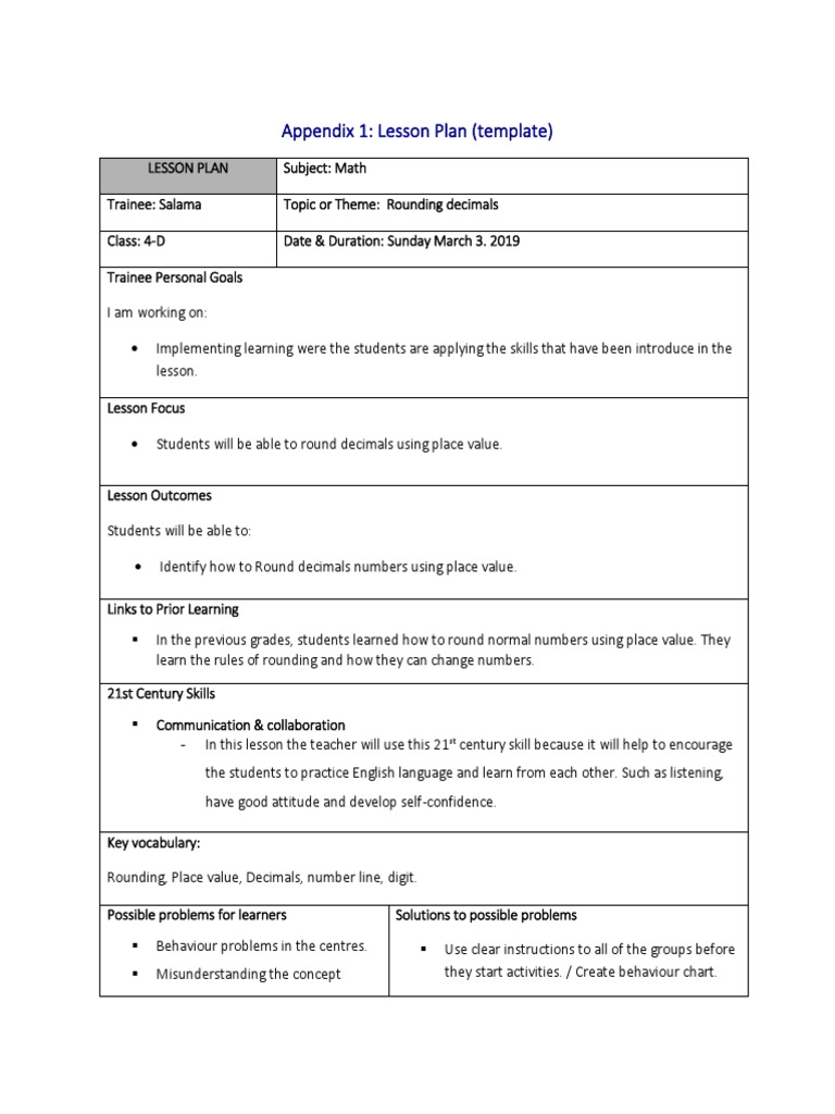 Appendix 1: Lesson Plan (Template) | PDF | Lesson Plan | Numbers