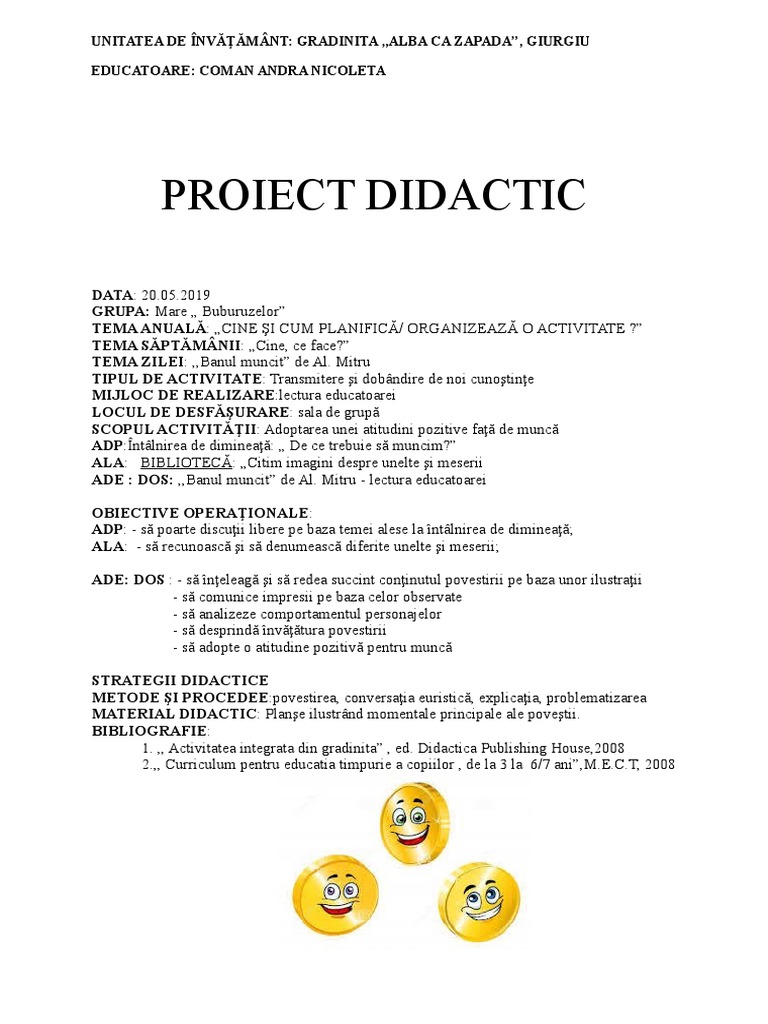 PROIECT DIDACTIC Lectura Educatoarei | PDF