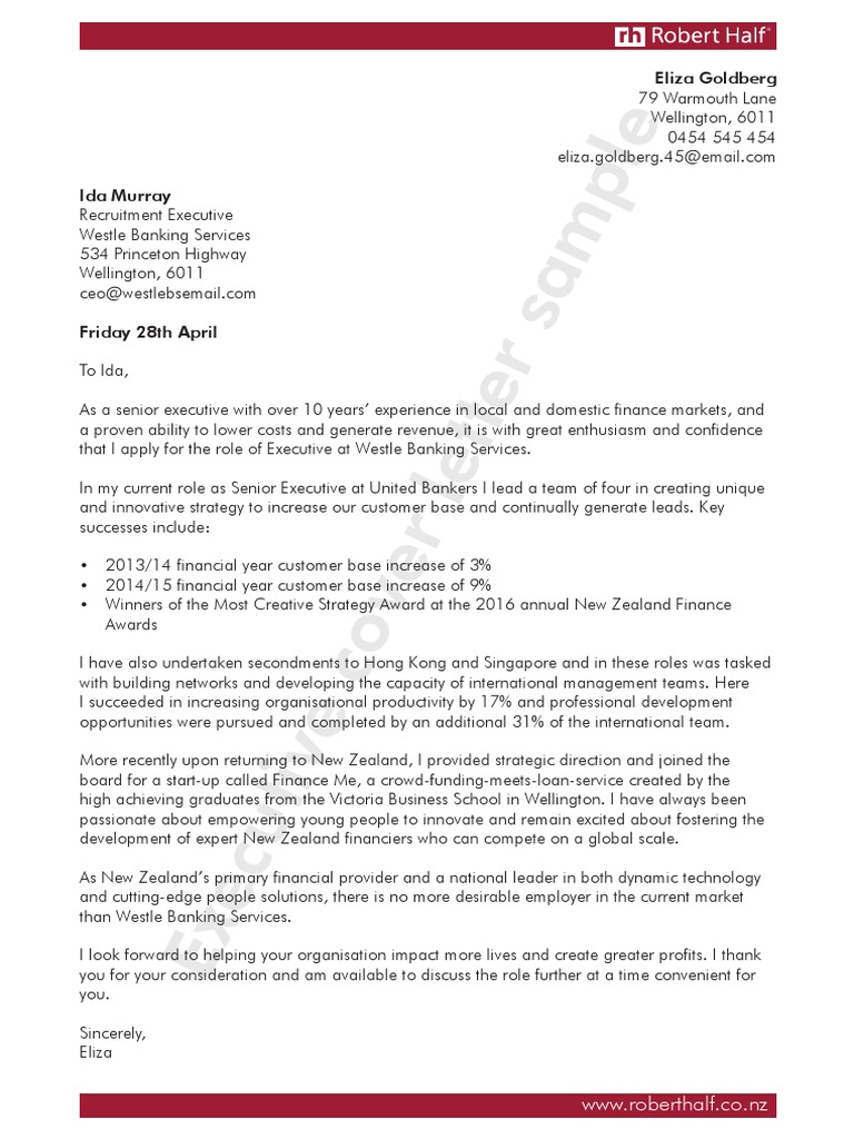 Executive Cover Letter Sample | PDF | Banks | Business Economics