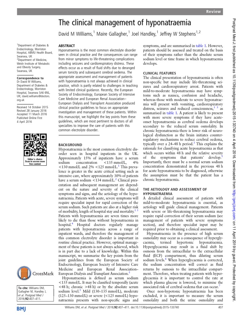 The Clinical Management of Hyponatraemia | PDF | Kidney | Medical ...