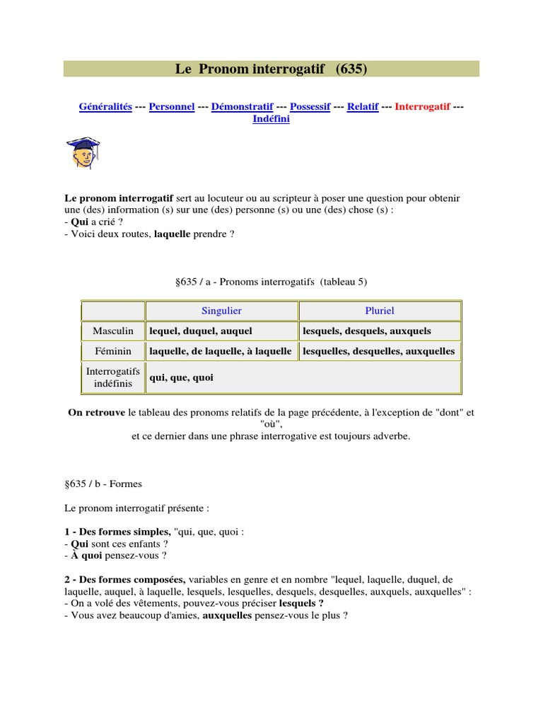 Les Pronoms Interrogatifs en Détail | PDF | Pronom | Genre grammatical