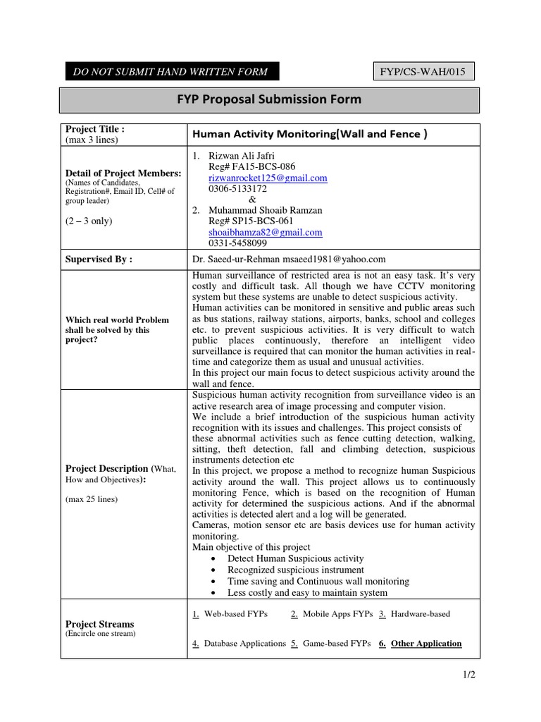 FYP Proposal Submission Form: Human Activity Monitoring (Wall and Fence) | PDF | Closed Circuit ...