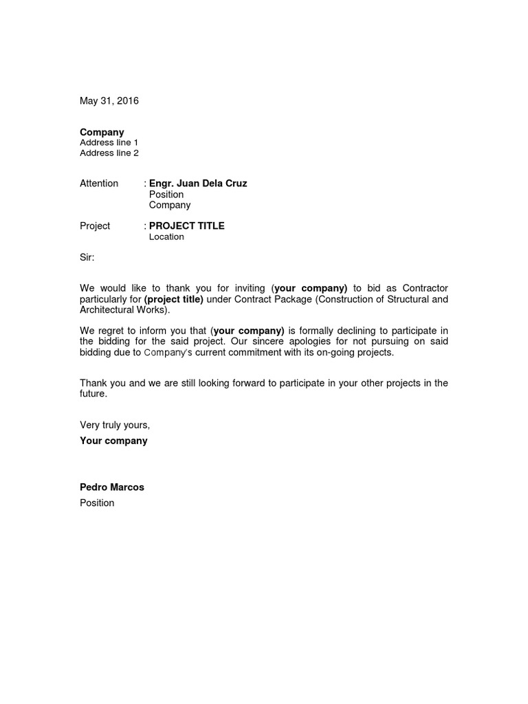 Declining a Project Bid Due to Commitment to Ongoing Projects | PDF